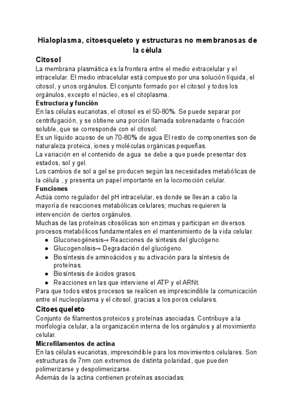 Tema 10 Hialoplasma Citoesqueleto Y Estructuras No Membranosas De La Celulapdf