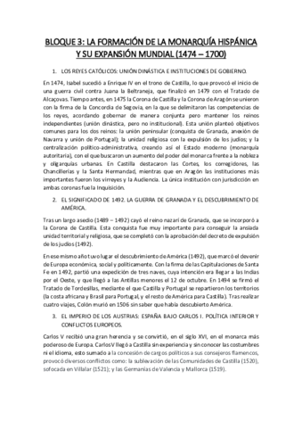 Bloque 3: La formación de la Monarquía Hispánica y su expansión mundial (1474-1700)